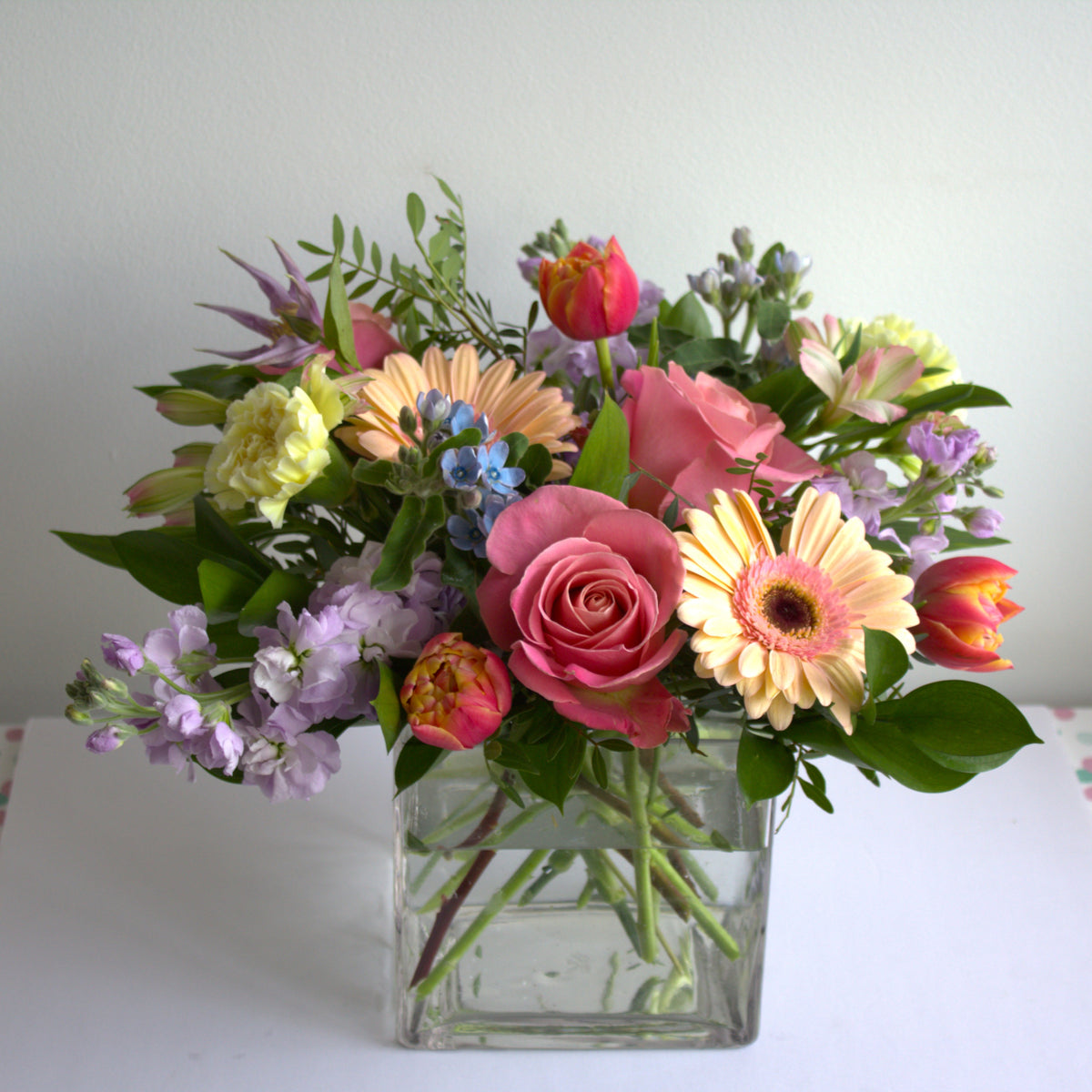 Harper Flowers In A Square Glass Vase (3 sizes available) – Periwinkle ...